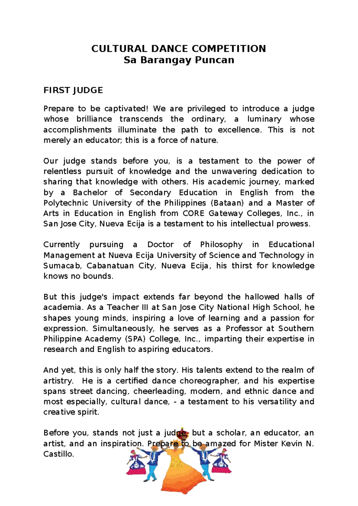 Presentation of the Board of Judges (Cultural) - CULTURAL DANCE ...