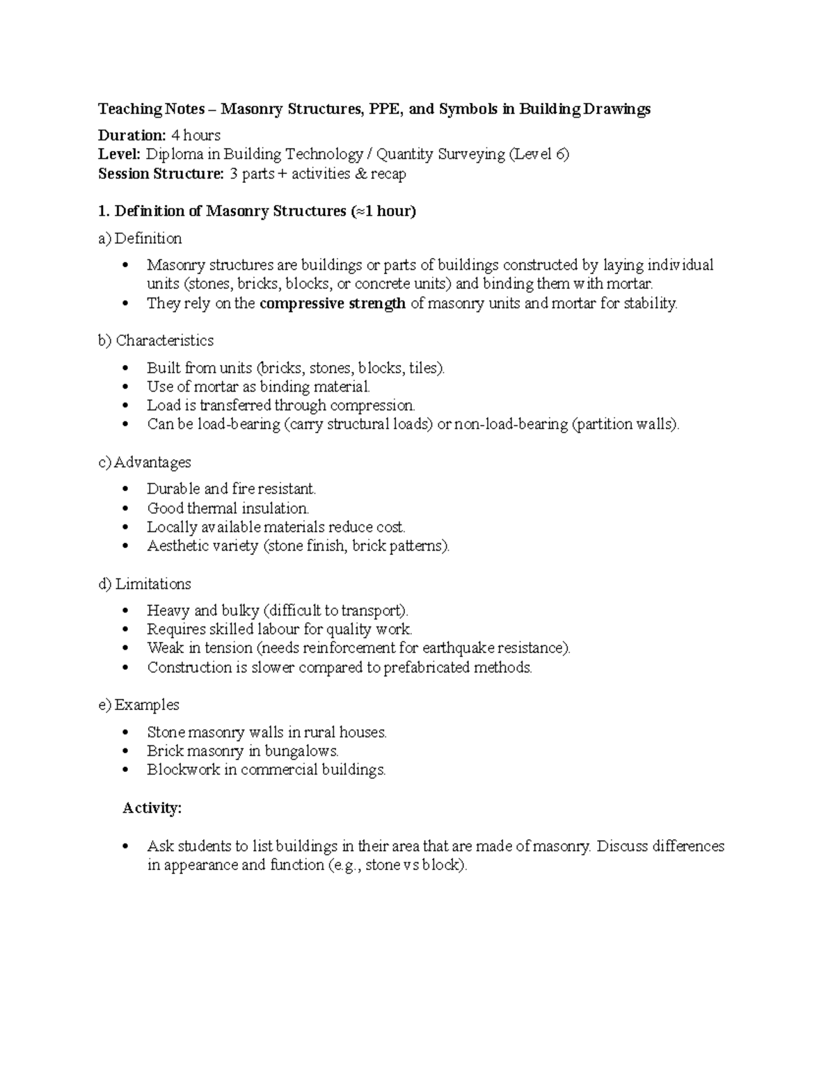 Teaching Notes: Masonry Structures, PPE & Symbols in Building Drawings ...