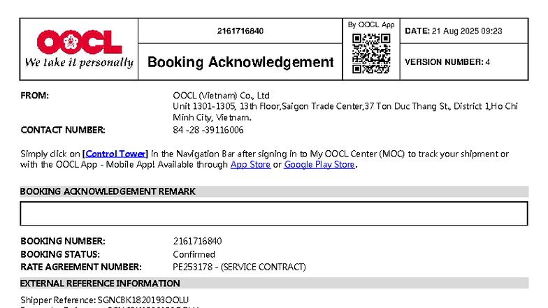 OOCL App 2161716840 Booking Acknowledgement - 21 Aug 2025 - Studocu