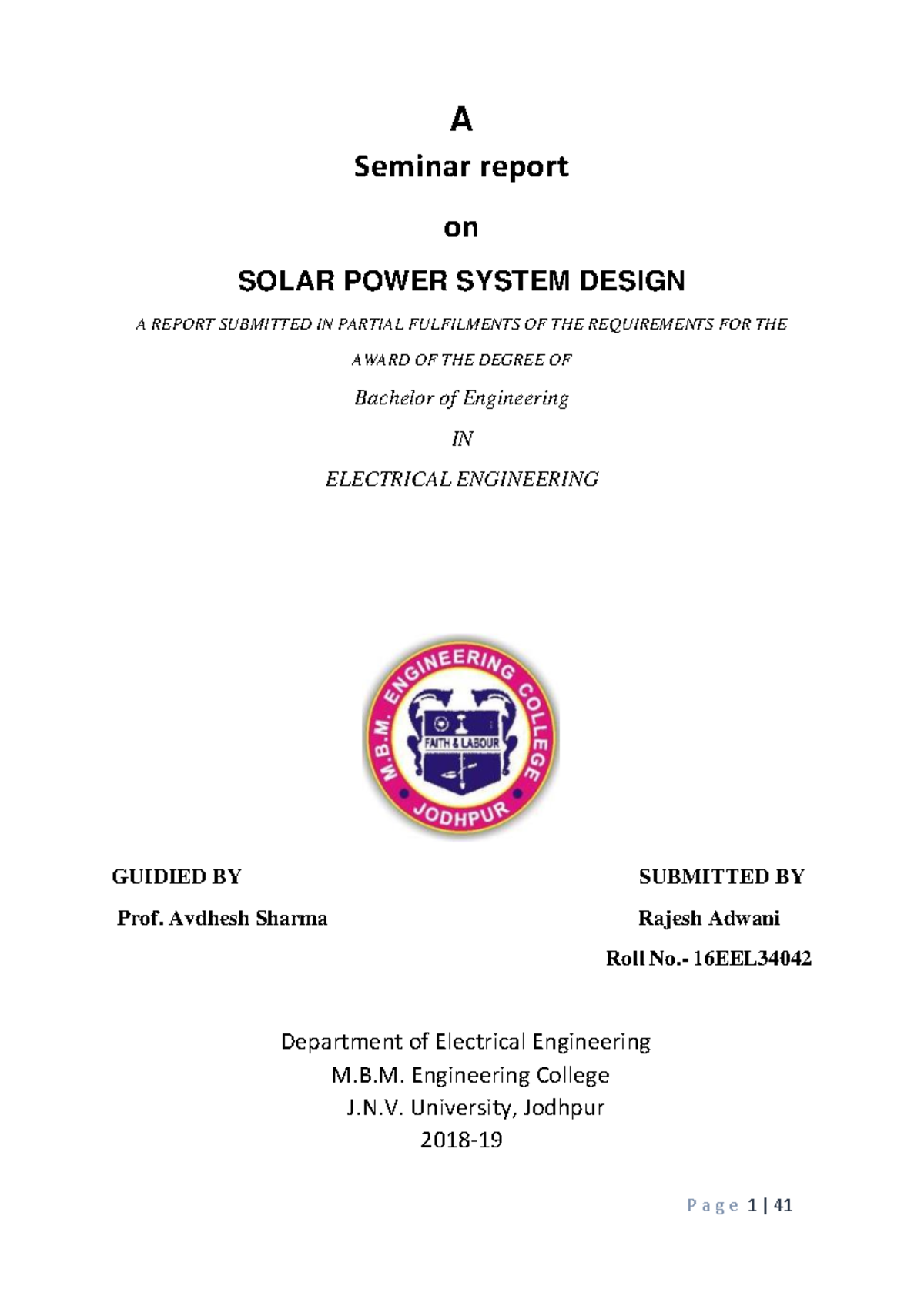 Seminar Report on Solar Power System Design (EE 2018) - Studocu