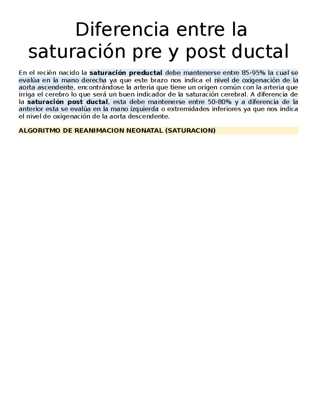 Diferencias en la Saturación Pre y Post Ductal del Recién Nacido - Studocu