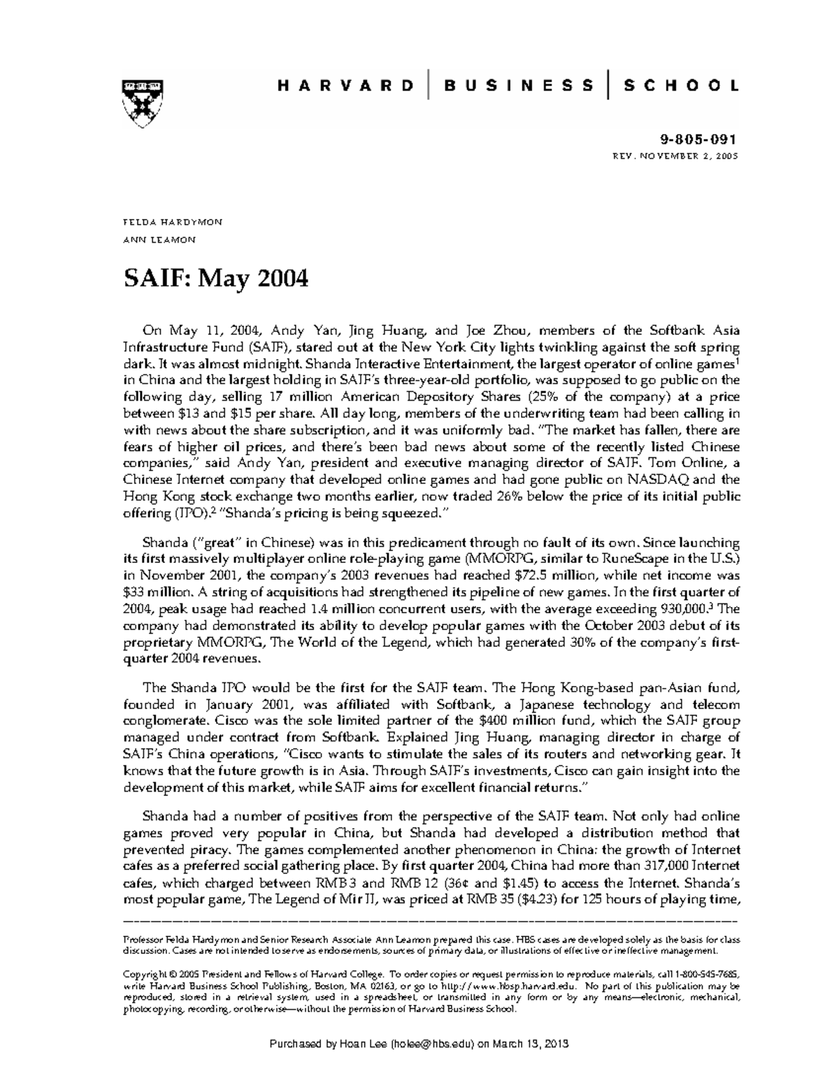 SAIF Case Study: Shanda Interactive Entertainment IPO Analysis - Studocu