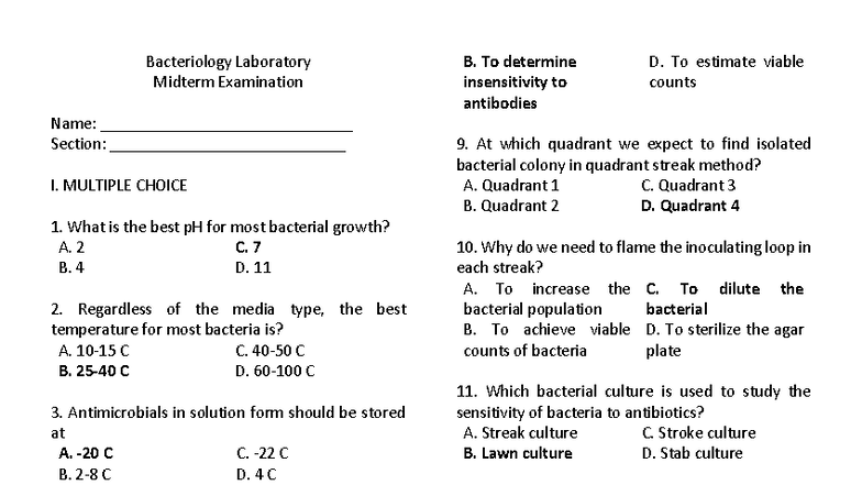 Bacteriology Lab Midterm Exam (Course Code: BL101) - Studocu