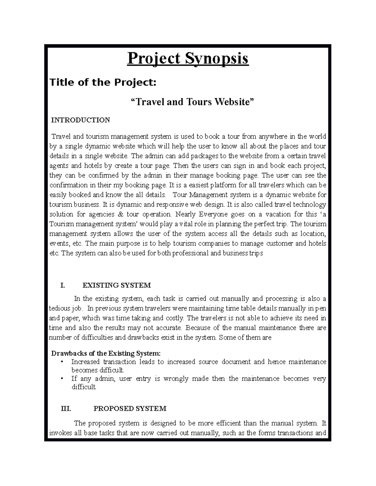 Travel and Tours Website Project Synopsis for Web Development - Studocu