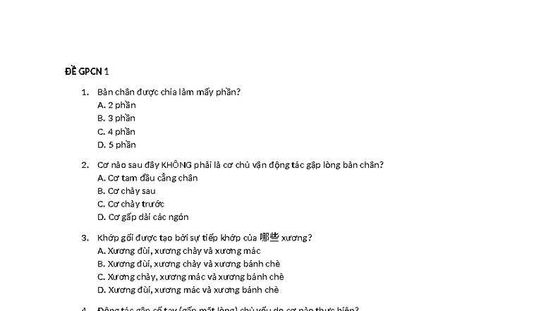 ĐỀ-GPCN-1 - fdg - ĐỀ GPCN 1 Bàn chân được chia làm mấy phần? A. 2 phần ...
