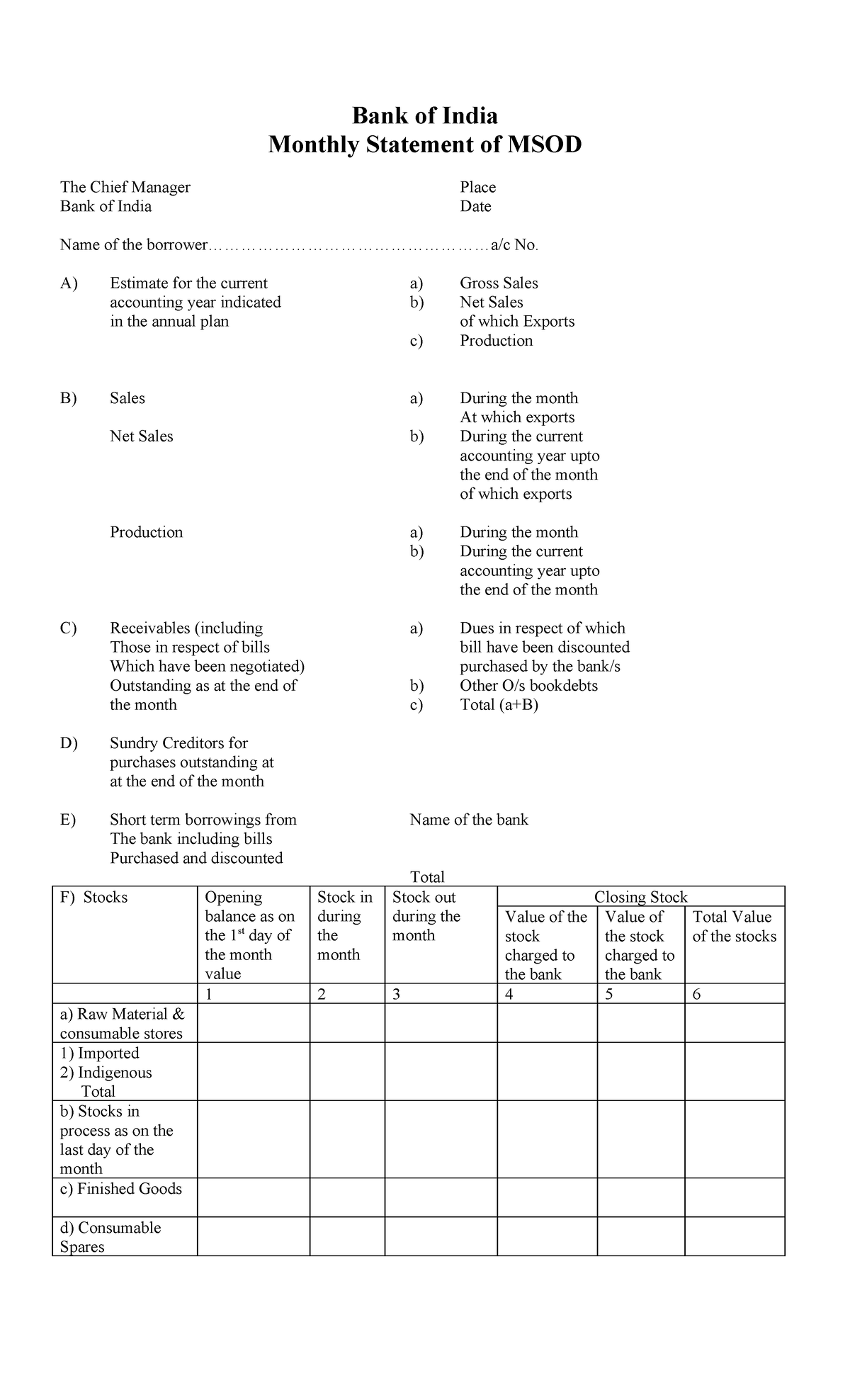 Stock- MSOD Monthly Statement of Book Debts & Hypothecation Forms - Studocu