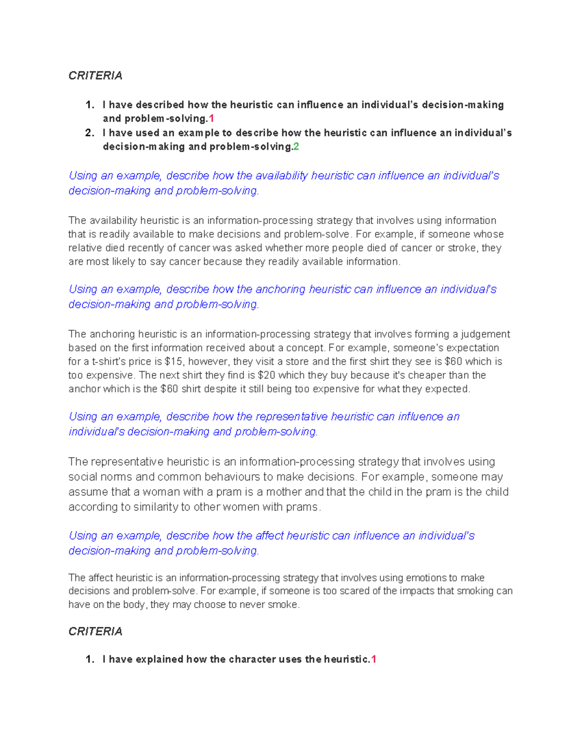 Psychology Unit 2 Heuristic Practice Questions & Answers - Studocu