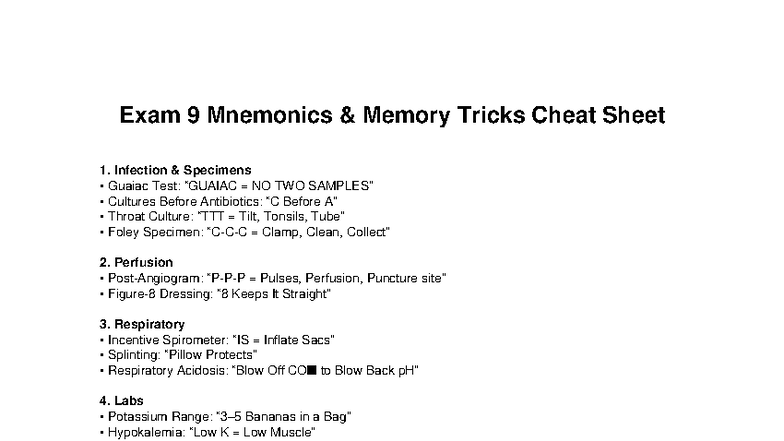 Exam9 Mnemonics Cheat Sheet - Exam 9 Mnemonics & Memory Tricks Cheat ...