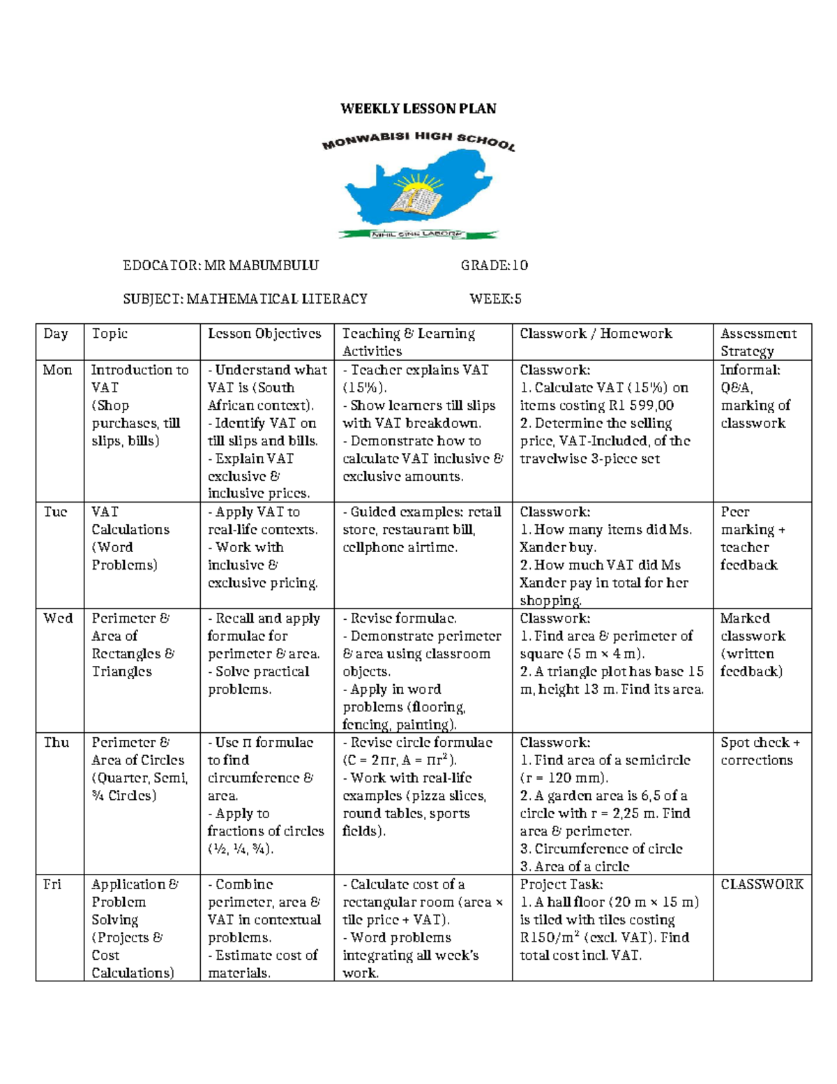 Grade 10 Math Literacy Weekly Lesson Plan: VAT & Geometry - Studocu