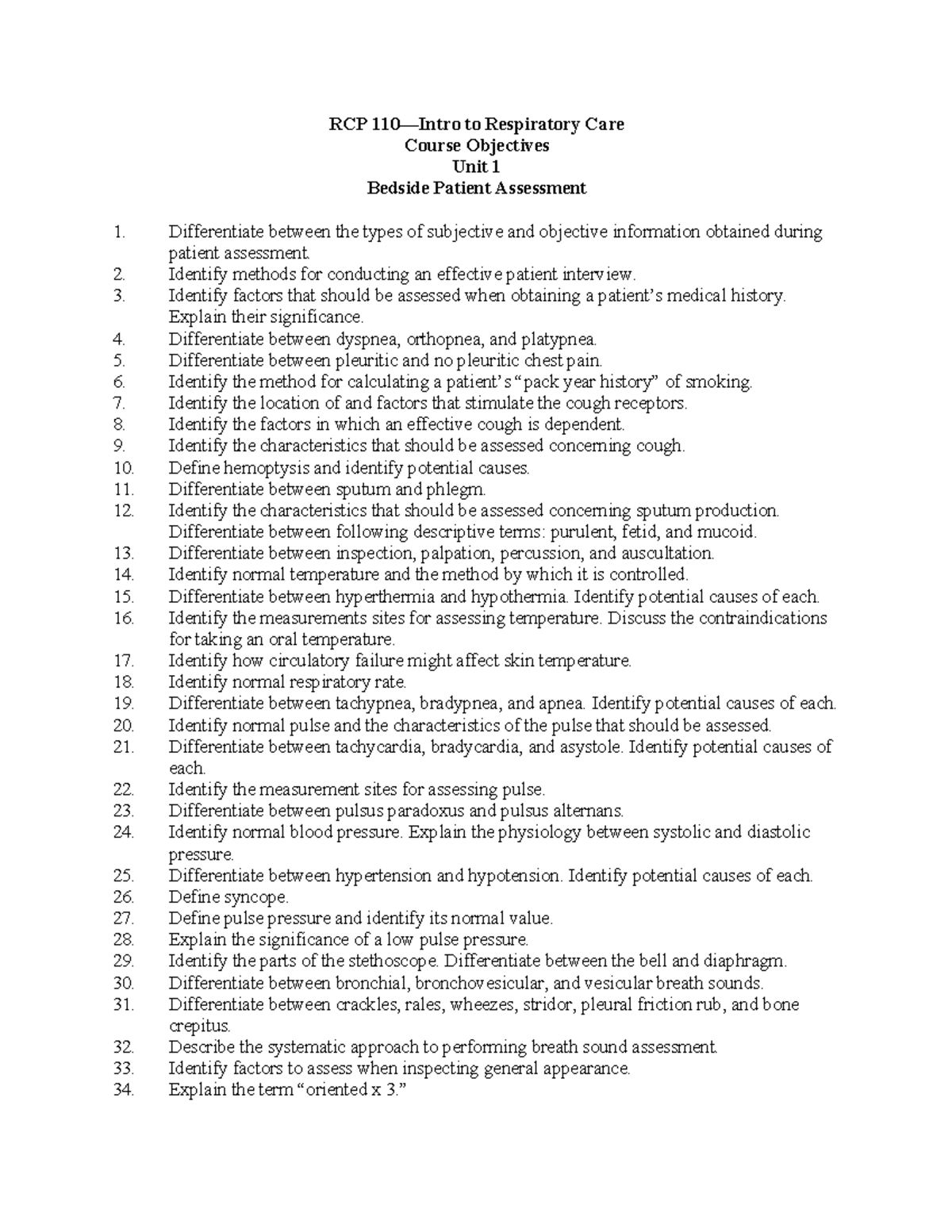 Unit 1: Simplified Bedside Patient Assessment Notes (RCP 110) - Studocu
