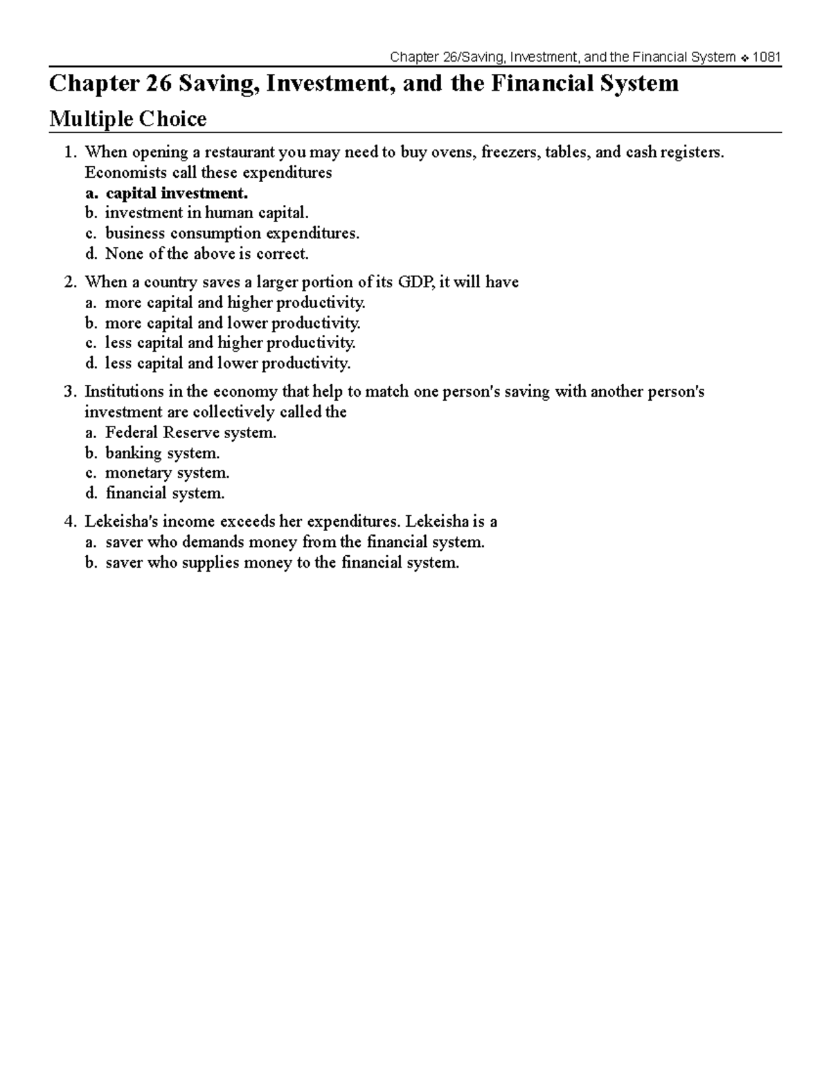 Chapter 26 Study Guide: Saving, Investment, and the Financial System ...