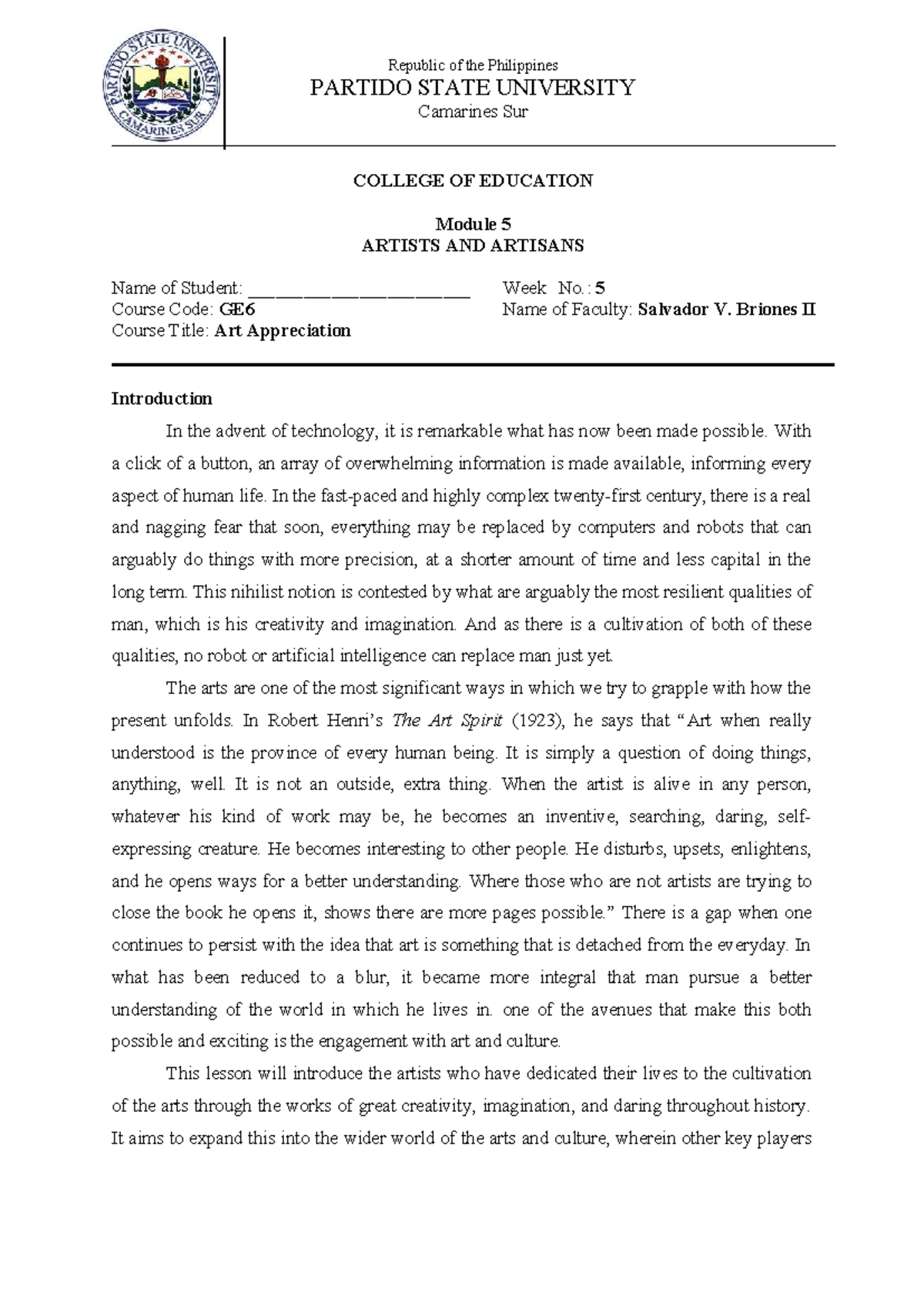 Module 5 - Artists and Artisans (GE6) in Art Appreciation - Studocu