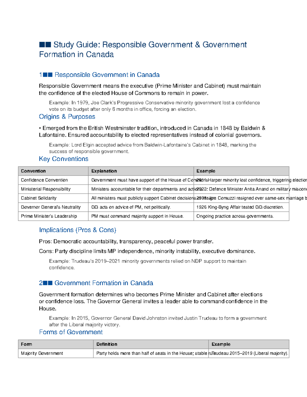 Canadian Government Study Guide: Responsible Government & Formation ...