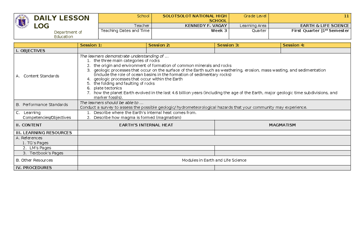 DAILY LESSON LOG: EARTH LIFE SCIENCE (Grade 11, Q1, Week 3) - Studocu
