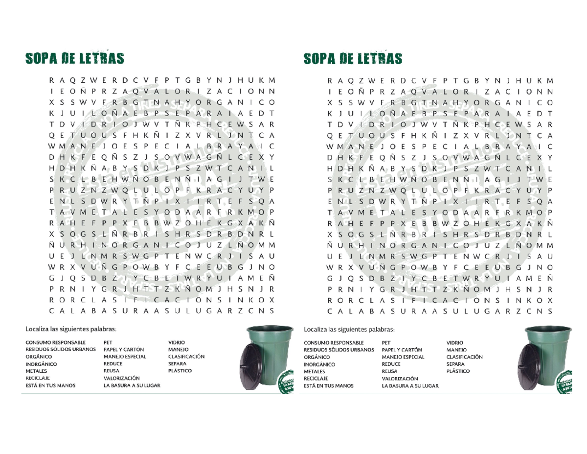 Ejercicios de Separación de Residuos - SOPA DE LETRAS - Studocu