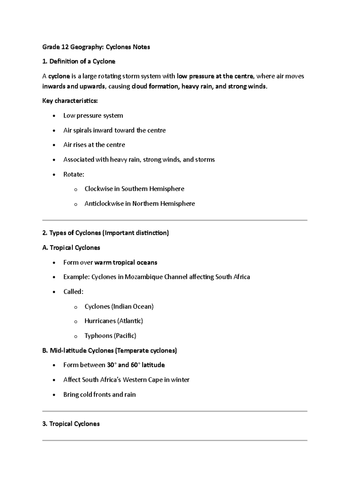 Grade 12 Geography: Cyclones Study Notes and Key Concepts - Studocu