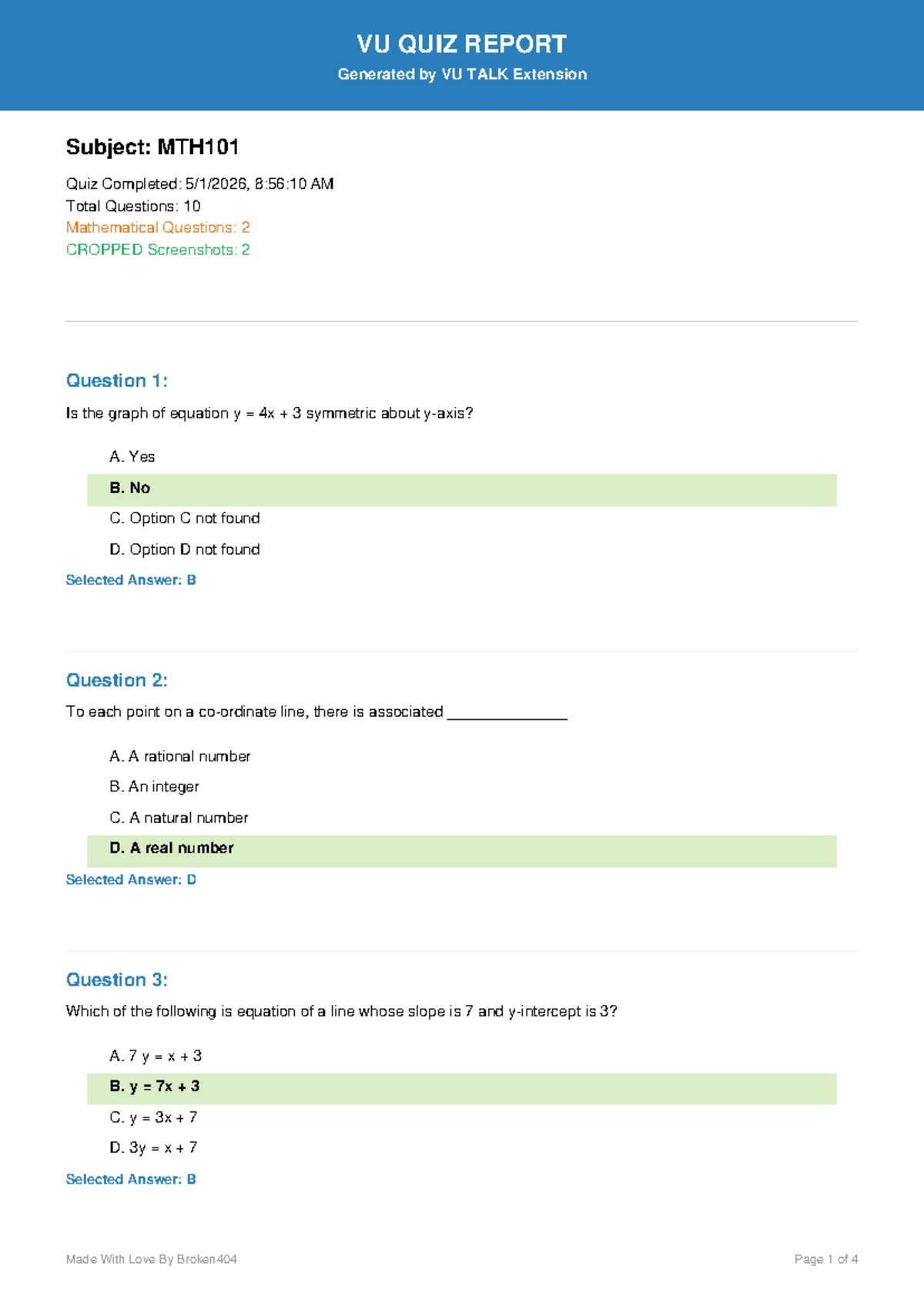 MTH101 Quiz Report - Completed Questions and Answers - Studocu