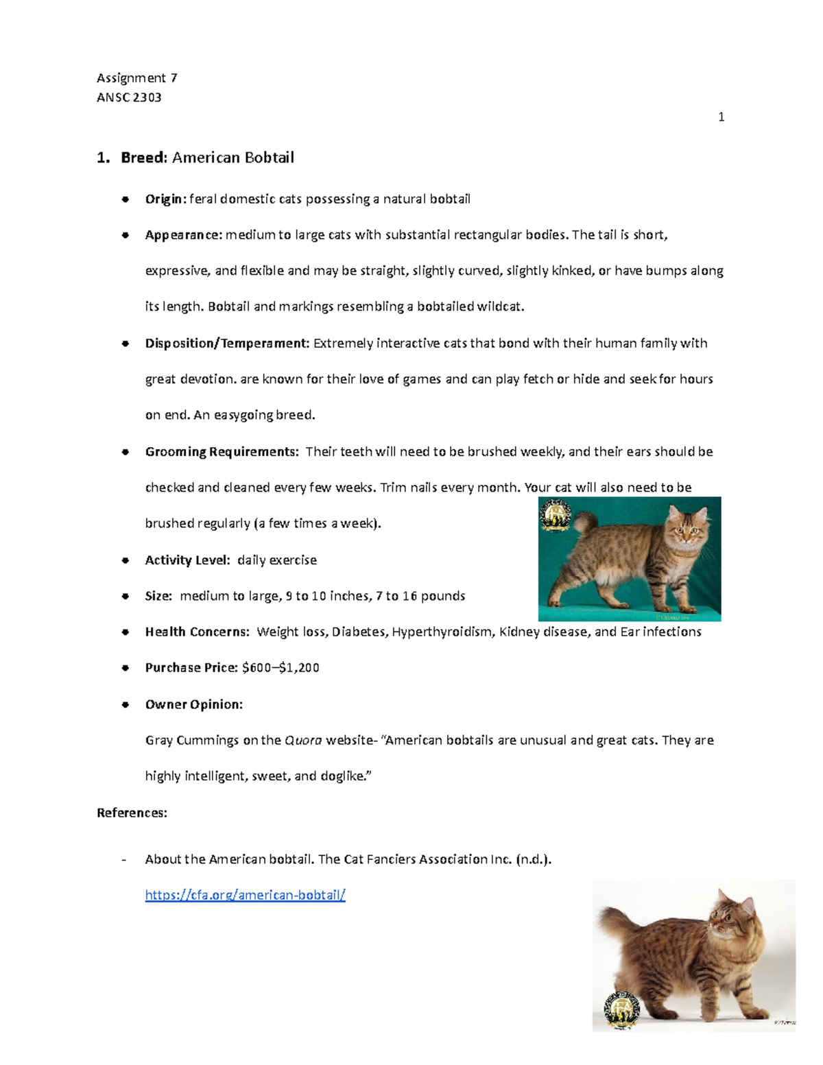 ANSC 2303 Assignment 7: Comprehensive Breed Profiles of Cats - Studocu