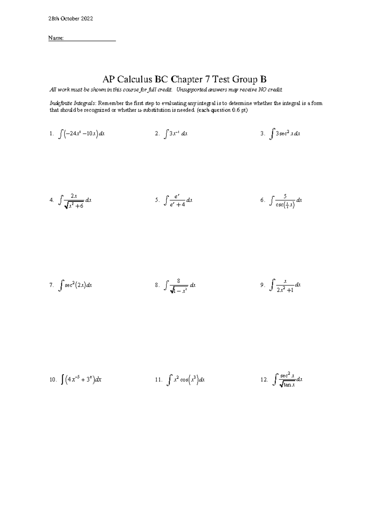 Chapter 7 test group B worksheet - AP Calculus BC - Studocu