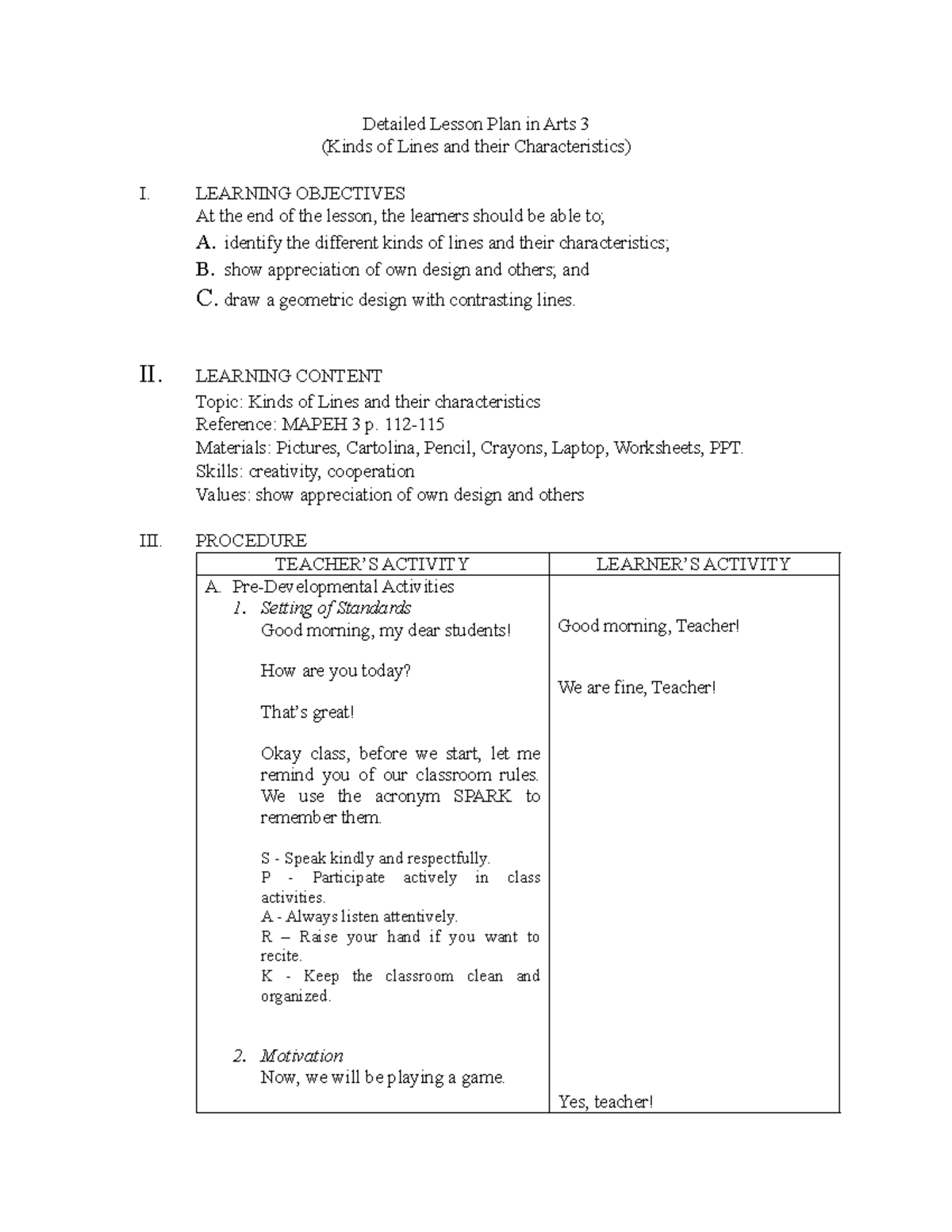 Detailed Lesson Plan: Kinds of Lines in Arts 3 - MAE - Studocu