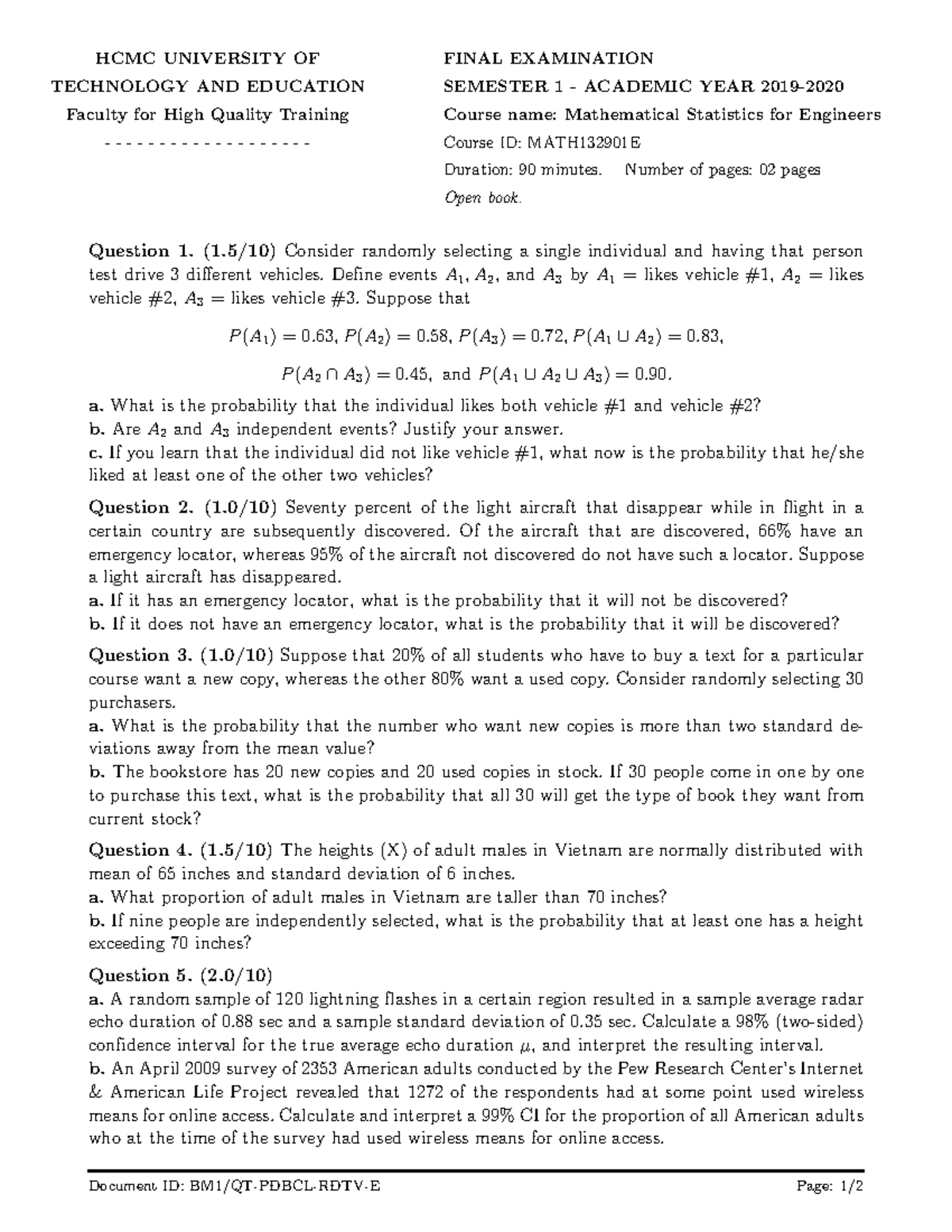 MATH132901E Final Exam: Probability & Statistics Overview - Studocu