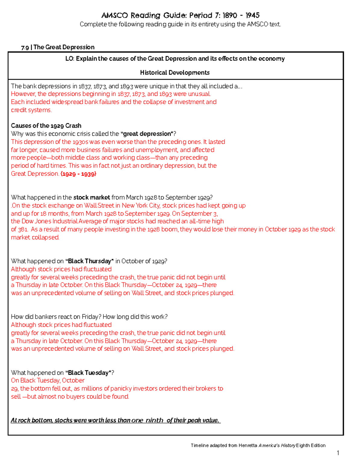 APUSH Period 7C: Great Depression & New Deal AMSCO Reading Guide (7.9-7 ...