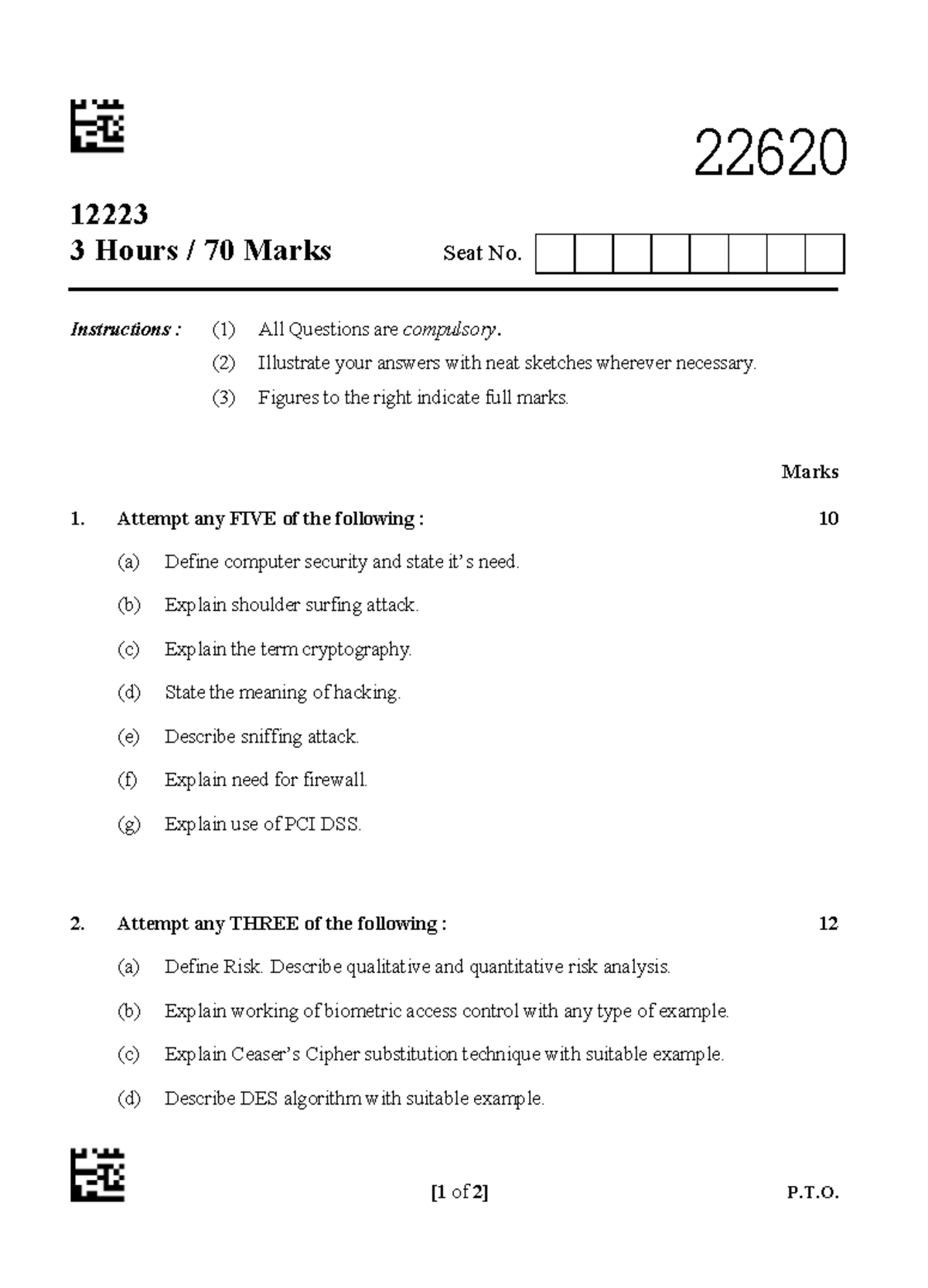 NIS 22620 Winter 2022 3-Hour Question Paper on Computer Security - Studocu