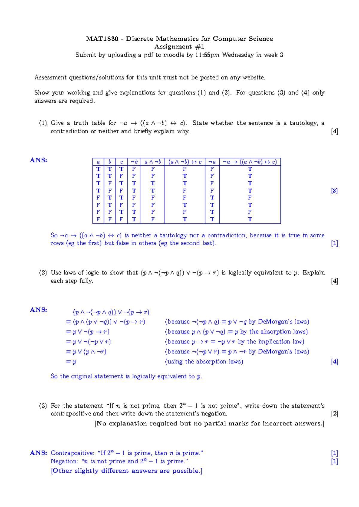 MAT1830 Assignment 1Solutions 2022 - MAT1830 - Discrete Mathematics for Computer Science ...