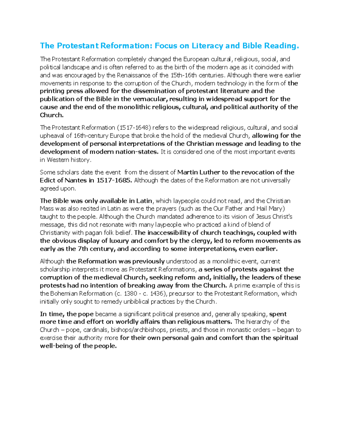 The Protestant Reformation: Impact on Literacy & Bible Reading - Studocu