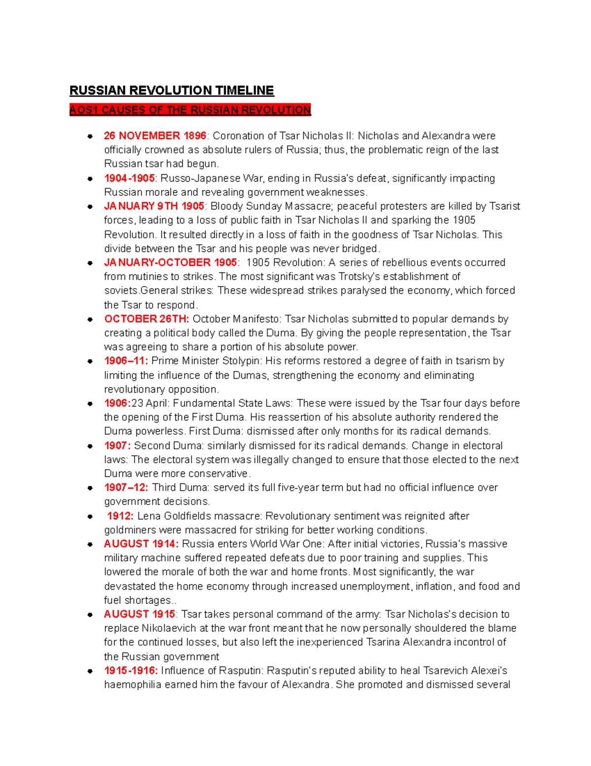 RUSSIAN REVOLUTION TIMELINE AOS1 & AOS2: Causes and Consequences - Studocu