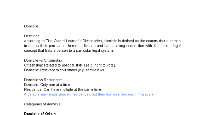 Chapter One - Domicile: Definitions, Categories, and Case Studies - Studocu