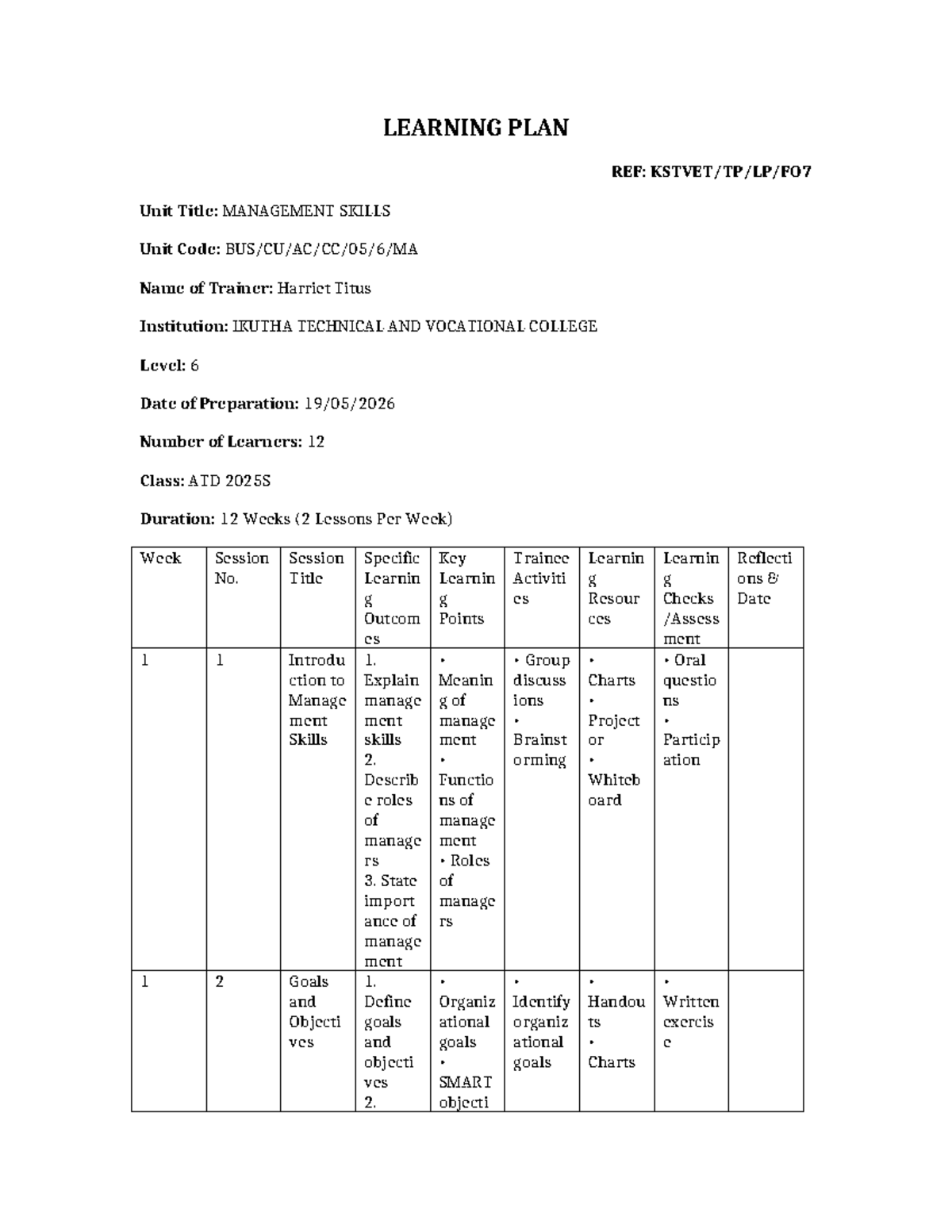 Revised Learning Plan for Management Skills (Unit Code: ATD 2025S ...