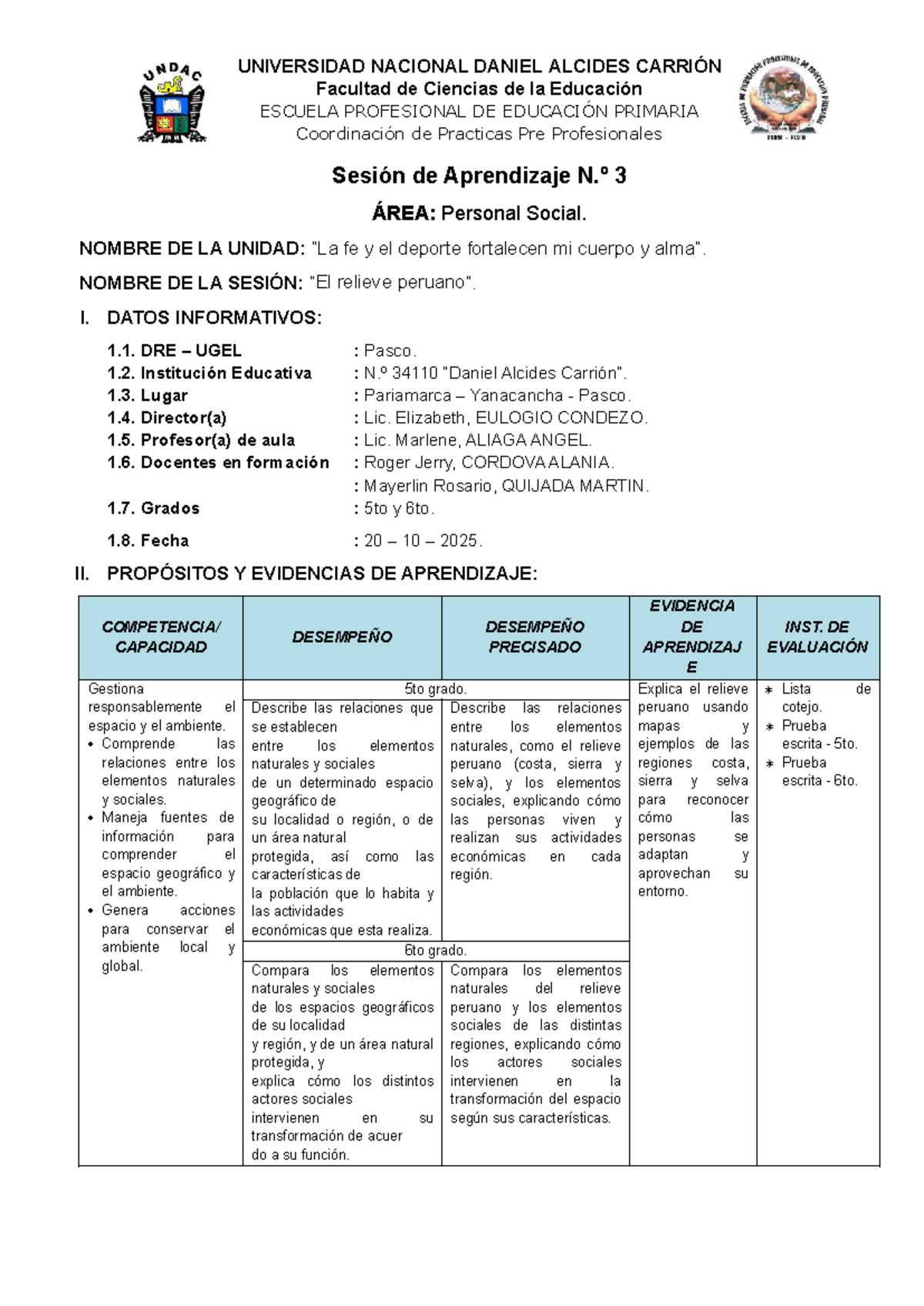 Prueba Escrita: El Relieve Peruano - Personal Social 5to y 6to Grado ...