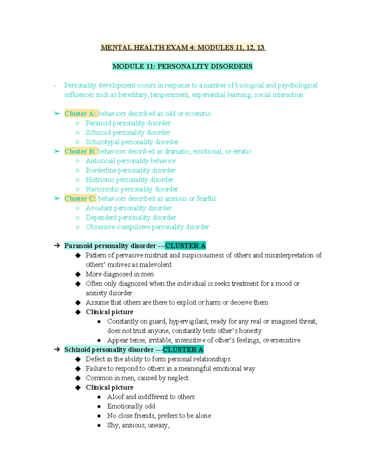 Mental Health Exam 4 - exam review - MENTAL HEALTH EXAM 4: MODULES 11 ...
