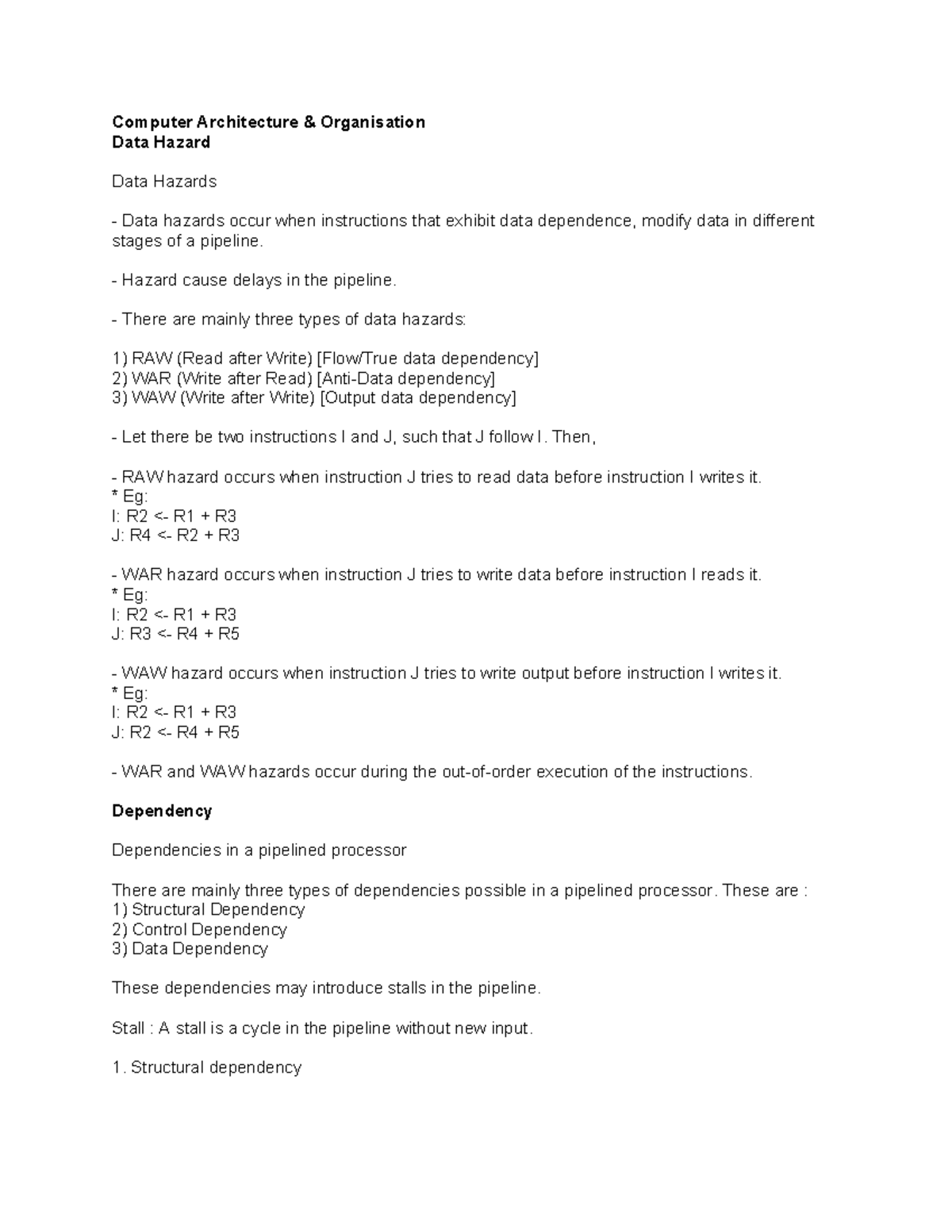 COA - Data Hazards and Dependencies in Computer Architecture Notes ...