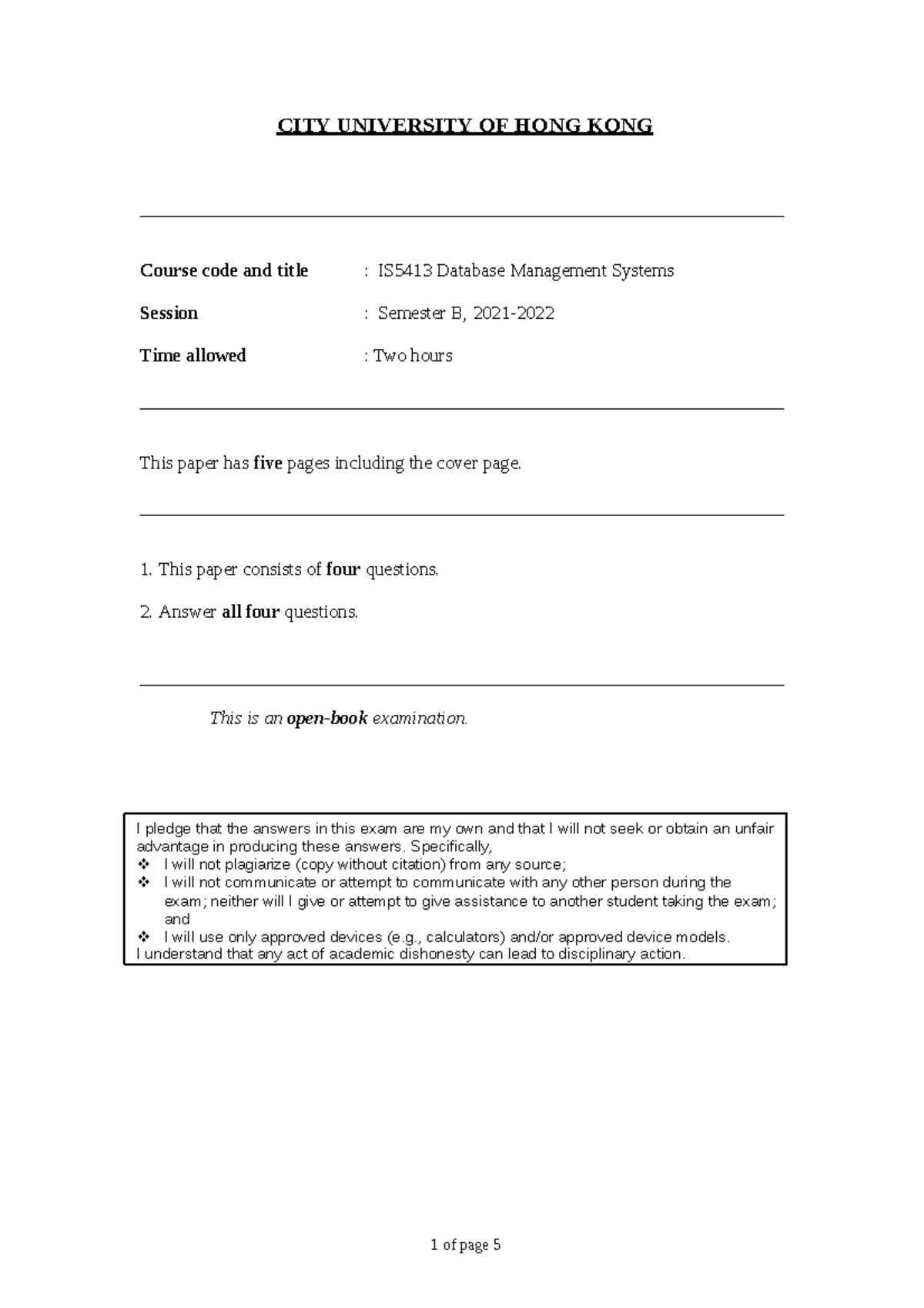 IS5413 Final Exam Question Paper - Database Management Systems 2022 ...