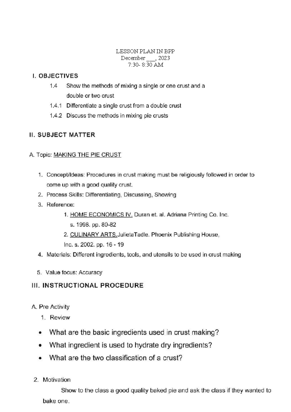 Detailed Lesson Plan BPP Q2 L3: Making Pie Crusts - Studocu