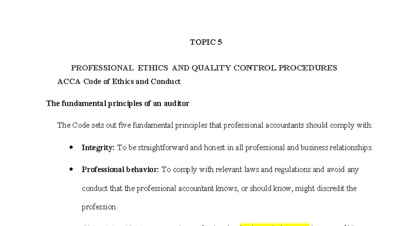 Topic 5: Professional Ethics & Quality Control Procedures - ACCA - Studocu