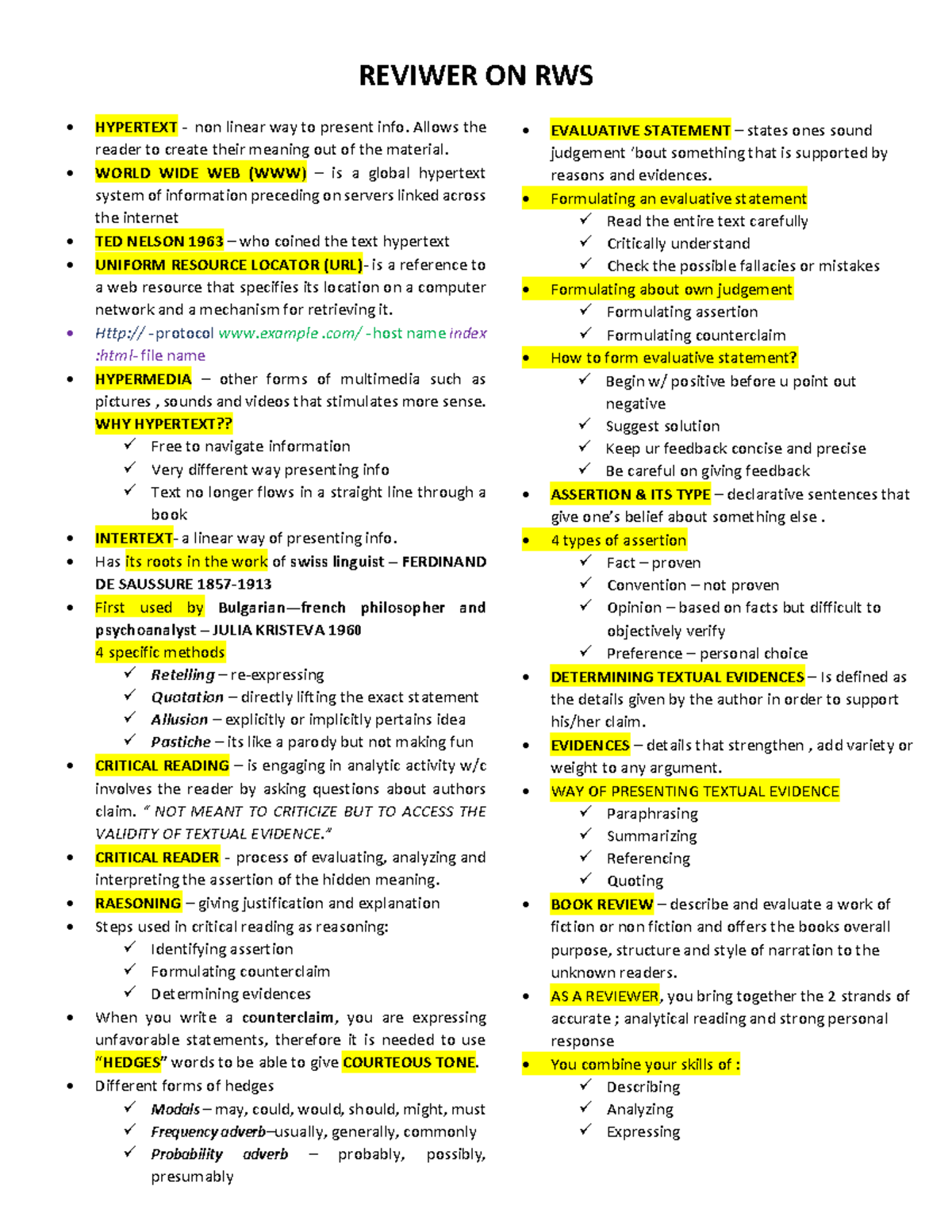 RWS Critical Reading Techniques & Hypertext Overview - Studocu