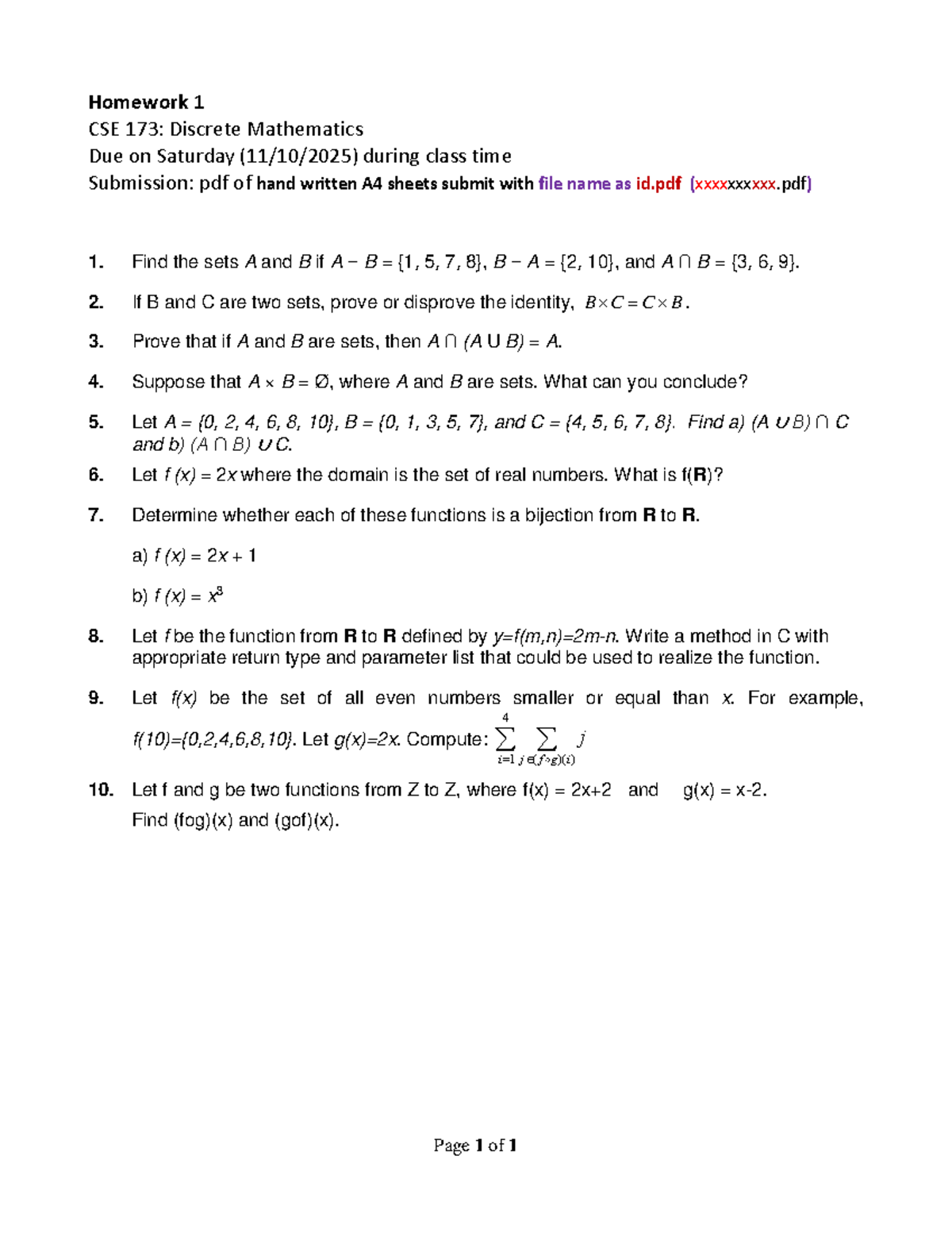 Homework 1 CSE 173: Discrete Math Set Functions and Proofs - Studocu