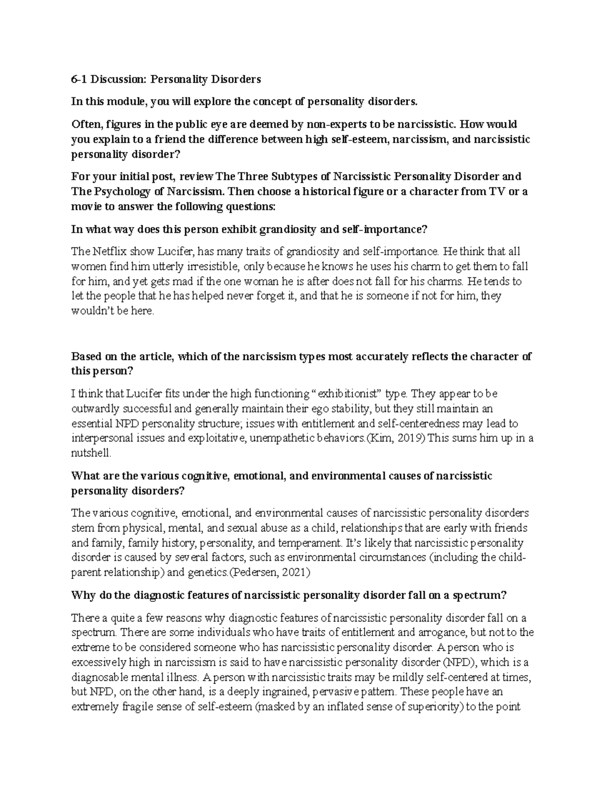 MOD 6 DIscussion - 6-1 Discussion: Personality Disorders In this module ...