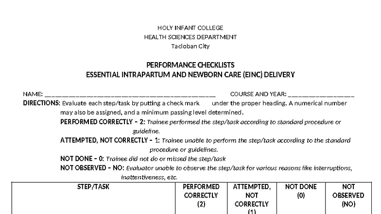 EINC Delivery Performance Checklist - Holy Infant College Health ...