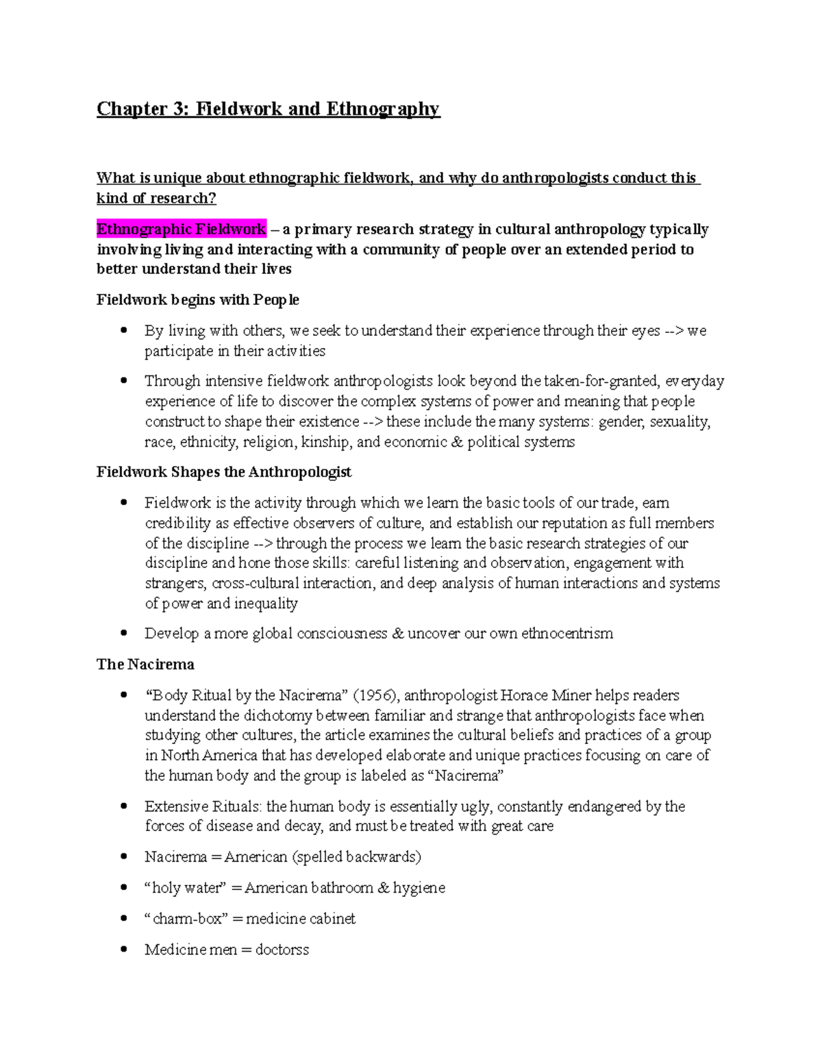 Chapter 3 Notes - Chapter 3: Fieldwork and Ethnography What is unique ...