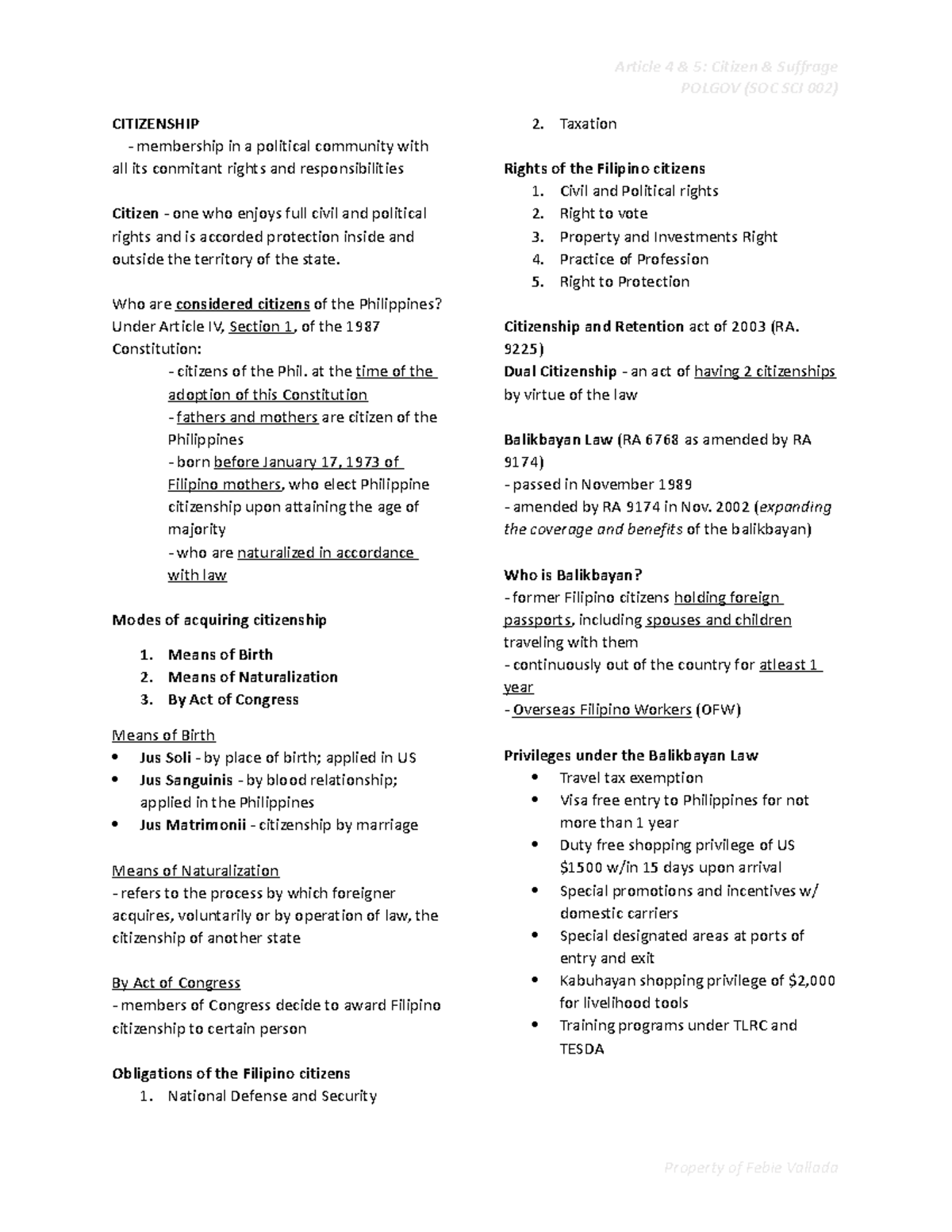 POLGOV (SOC SCI 002) - Citizenship & Suffrage Overview - Studocu