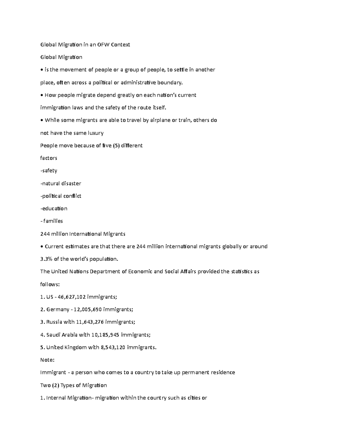 Understanding Global Migration Dynamics: An OFW Perspective - Studocu