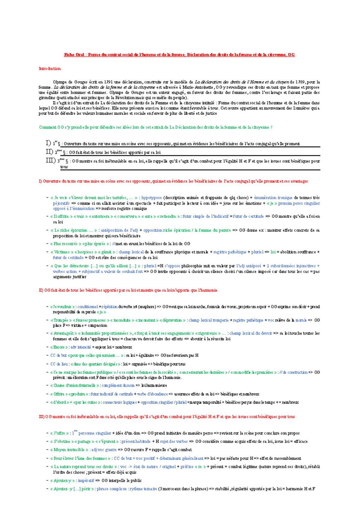 Fiche Oral : Forme du contrat social H/F par Olympe de Gouges, OG - Studocu