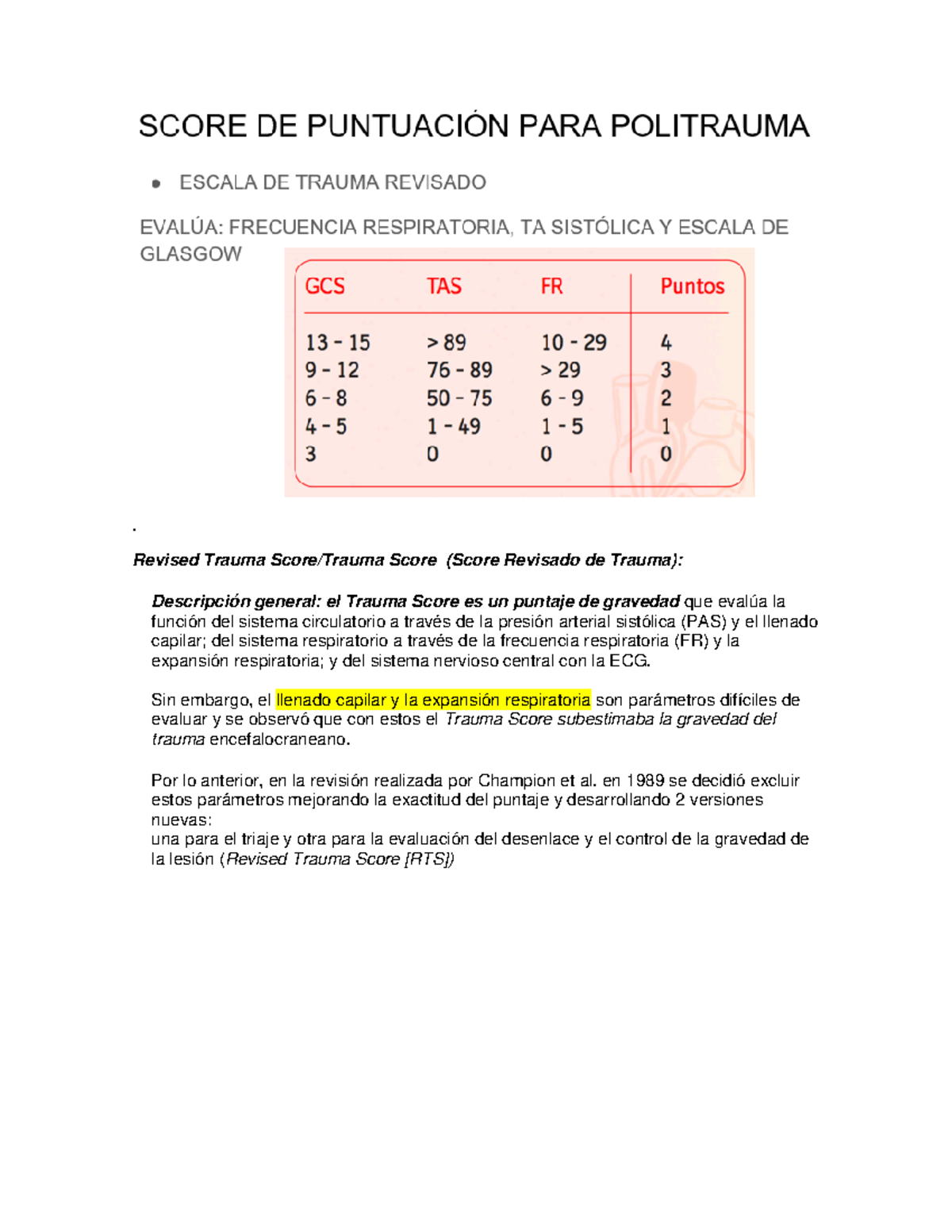 Revised Trauma Score (RTS) Overview and Evaluation Criteria - Studocu