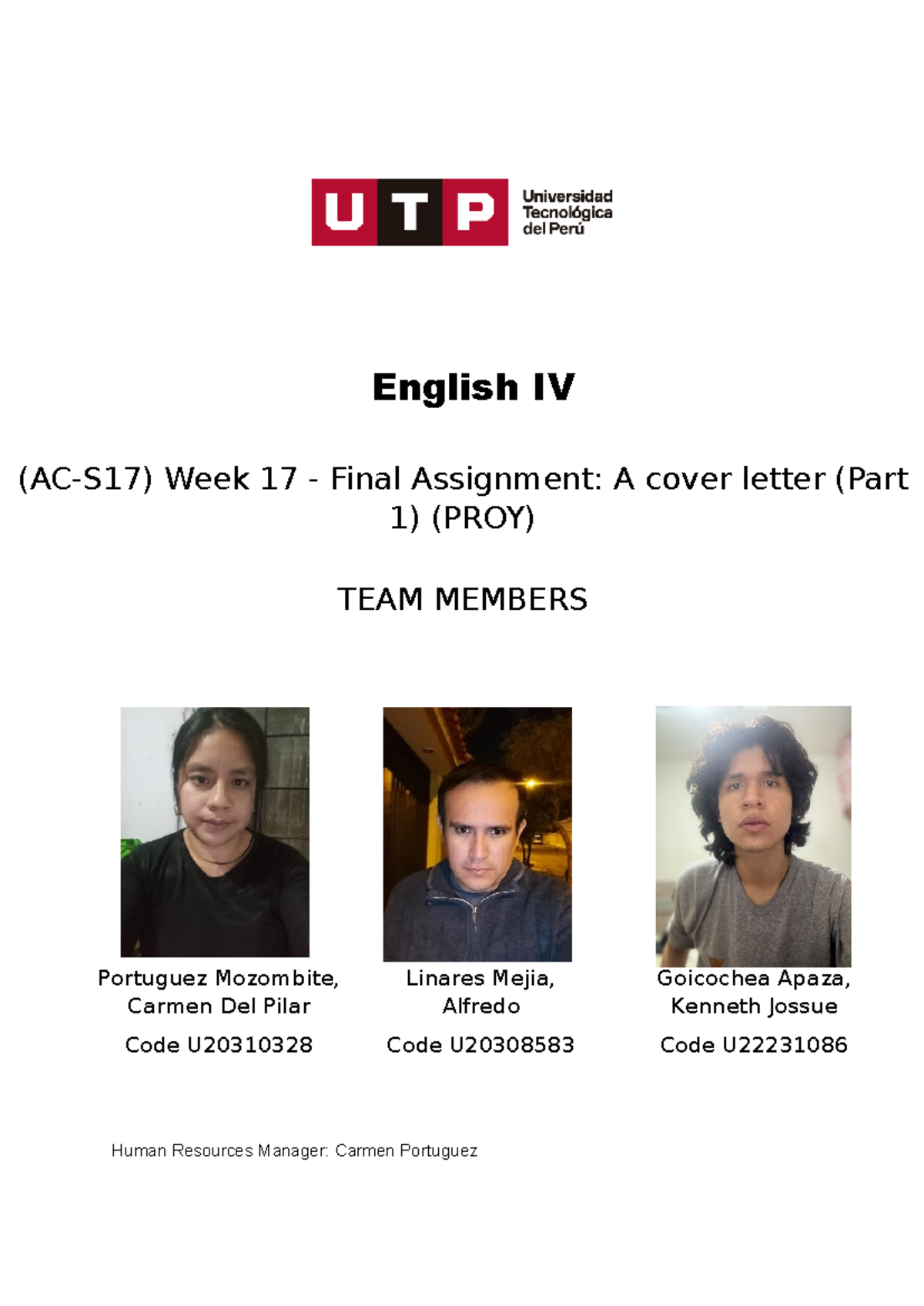 English IV U20310328 Week 17 Final Assignment: Cover Letter (Part 1 ...