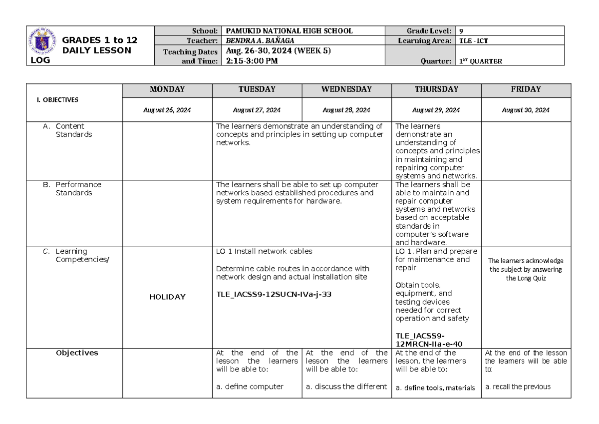 5 DLL TLE 9 Q1 W5 - DLL CSS 9 QUARTER 1 WEEK 5 - GRADES 1 to 12 DAILY ...