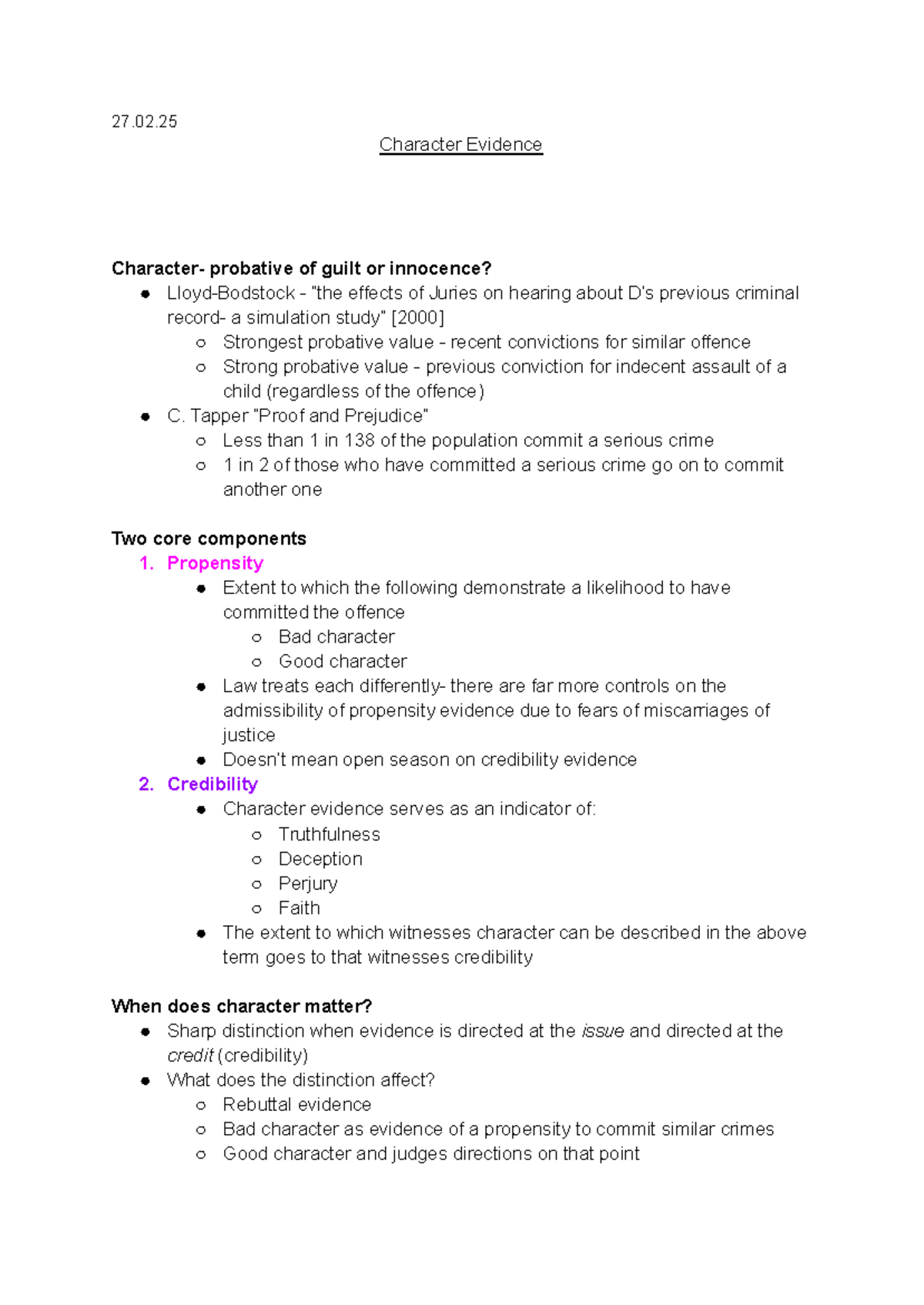Lecture 6 & 7: Understanding Bad Character Evidence in Law - Studocu
